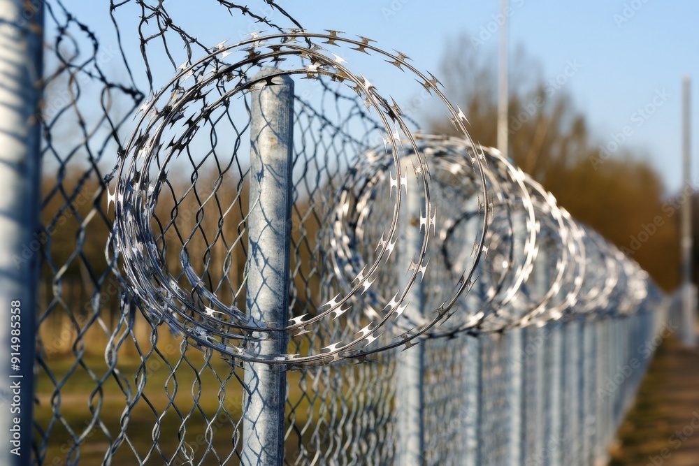 Detailed View of Barbed Wire on a Border Fence Symbolizing Security and ...