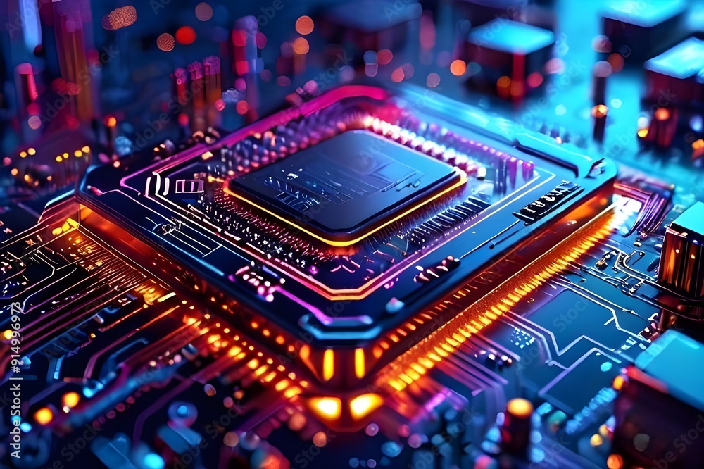 Isometric illustration of a processor chip, microcircuits highlighted ...