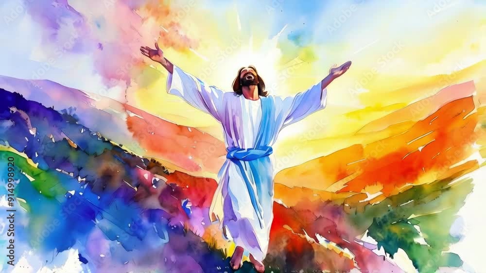 Jesus christ transfiguration in rays of holy light on top of the ...