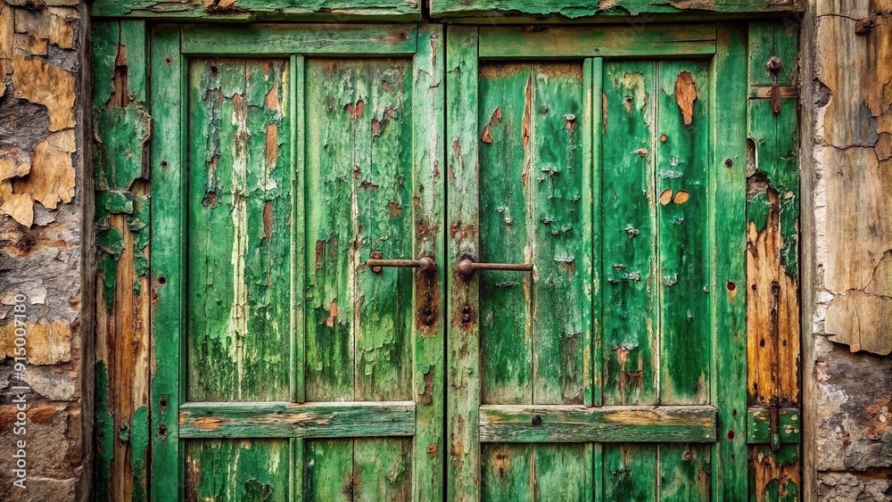 Weathered wooden door wall with a distressed green paint finish ...