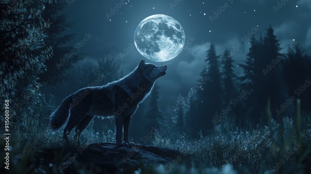 majestic wolf stands under the full moon, howling into the mysterious ...