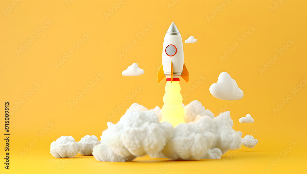 Minimalistic 3D rocket taking off, low poly clouds on a soft yellow ...