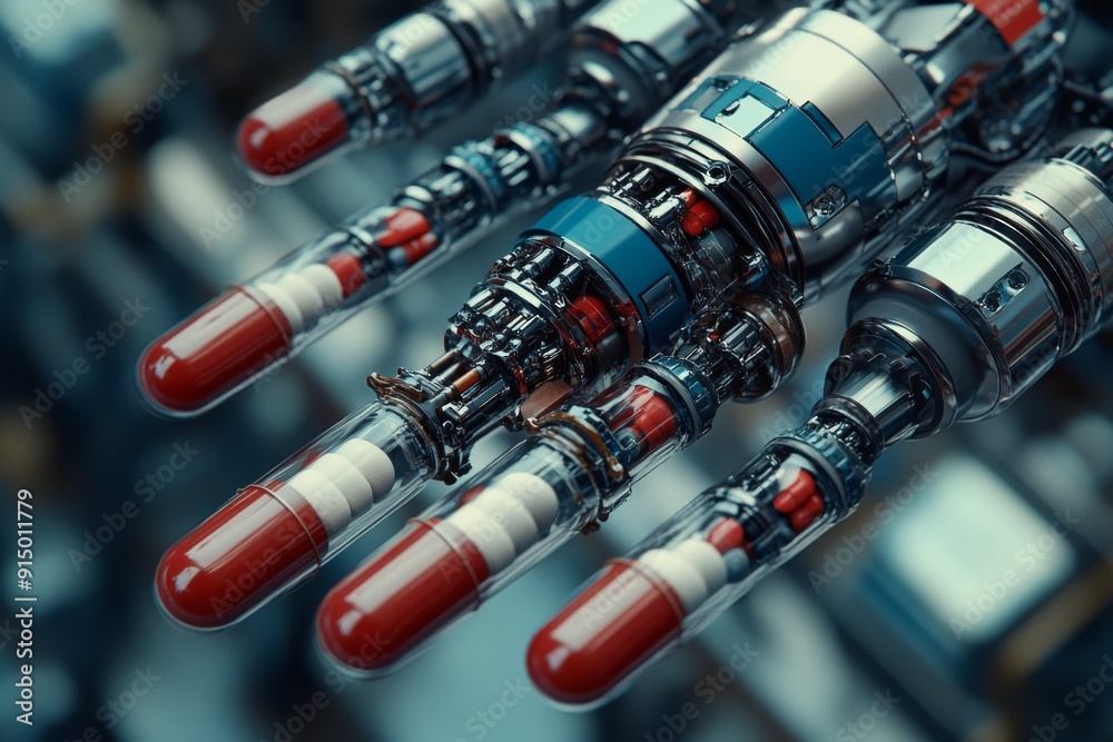 Advanced robotic arm manipulating a row of capsules in a high tech ...