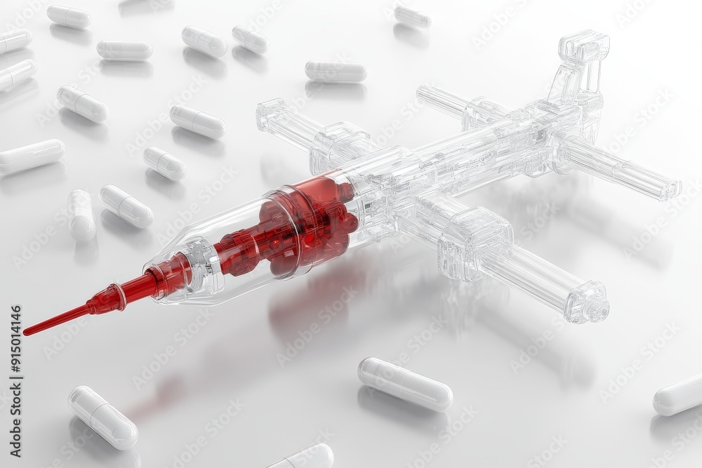 Transparent syringe with red liquid surrounded by white capsules ...