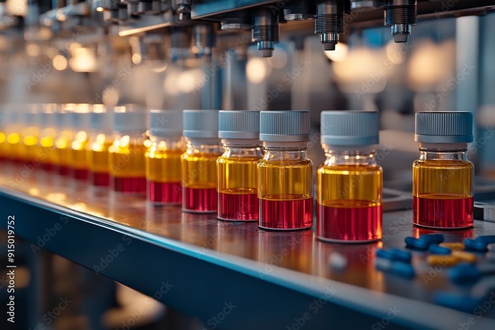 High tech laboratory with vials of bright yellow liquid symbolizing the ...