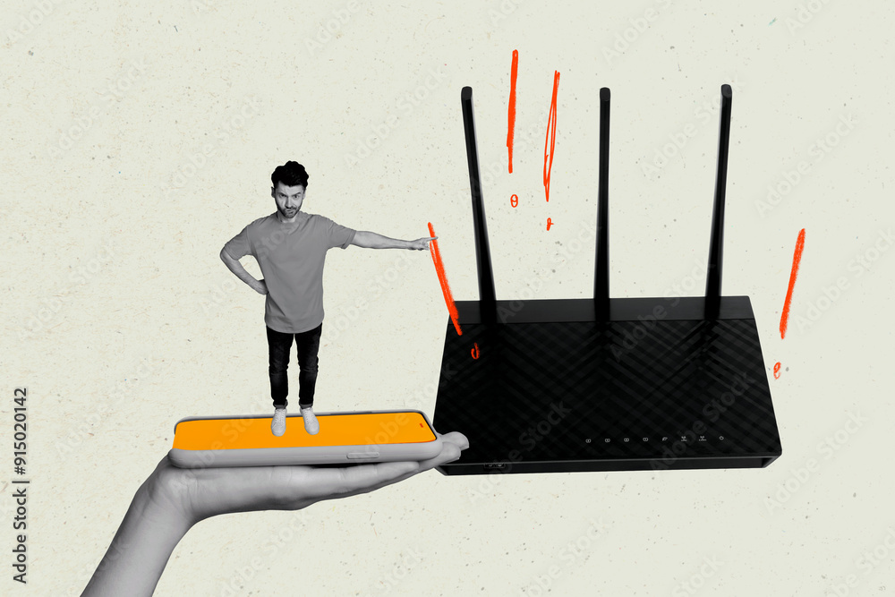 Collage young angry man stand smartphone screen digital device ...