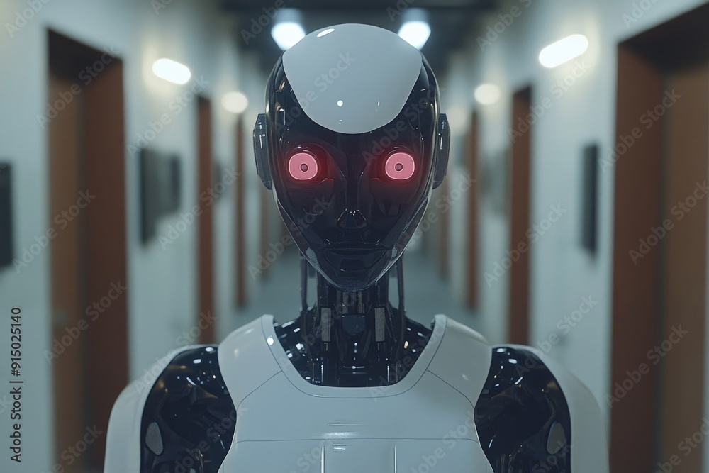 Humanoid robot with glowing red eyes in a dark corridor symbolizing the ...