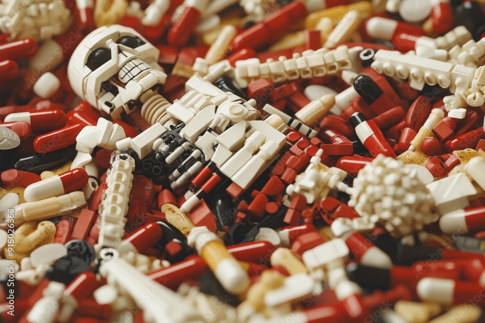 Plastic skeleton buried in a pile of colorful capsules symbolizing the ...