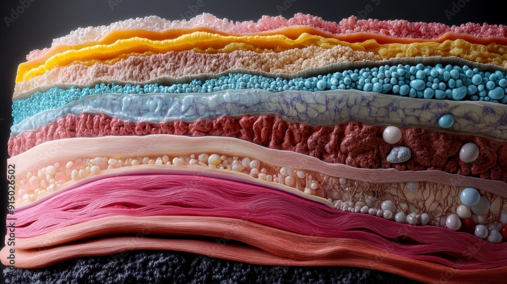 Detailed cross-section of skin layers showcasing various textures and ...