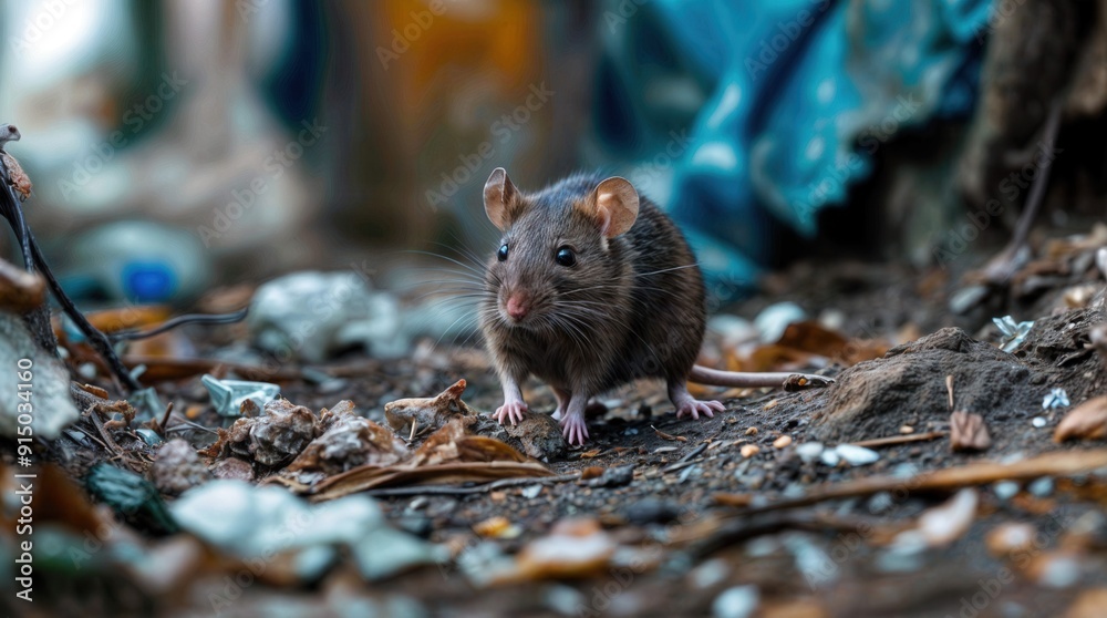 Rat on area that was filled with sewage, smelly, damp, and garbage bags ...