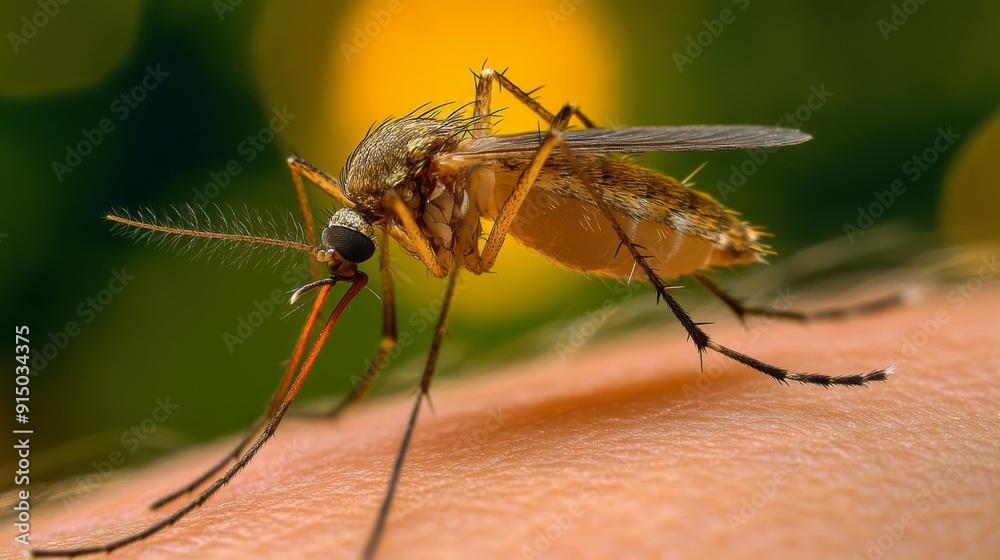 A close-up of a mosquito resting on a human arm, showing its thin legs ...