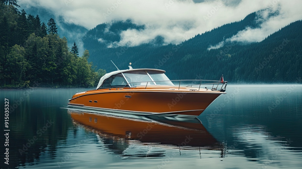 Beautiful cabin cruiser on a pristine exclusive lake, providing a ...
