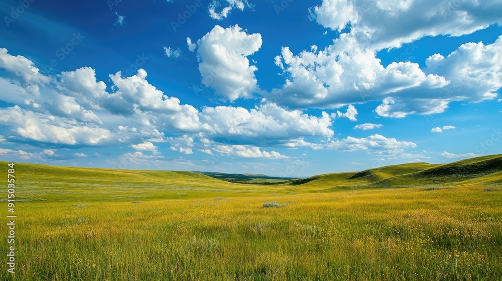 Prairie landscape with rolling grasslands and a wide-open sky ...