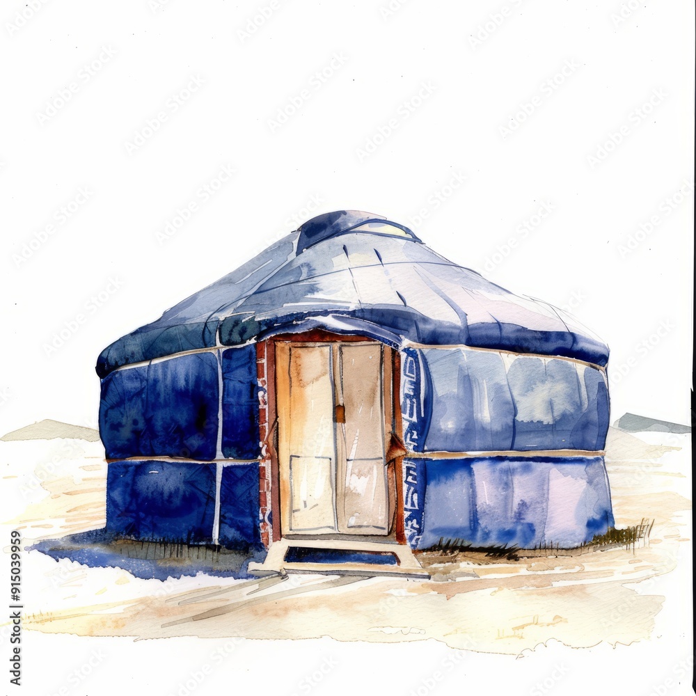Watercolor painting of a Mongolian yurt on the vast steppe, on isolated ...