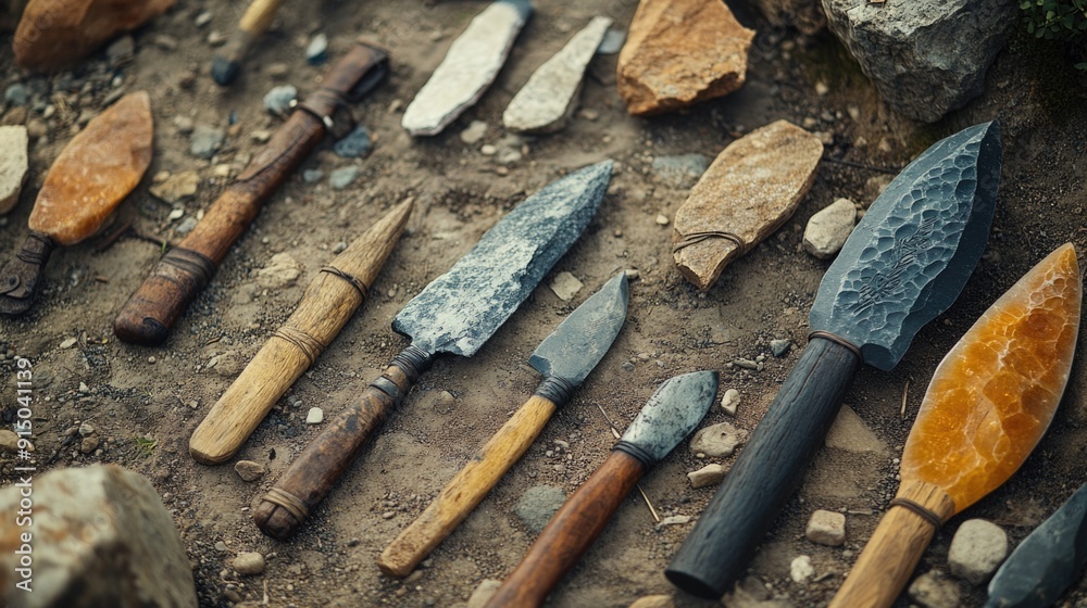 Ancient Stone Age Tools and Weapons Displayed on Ground, Close-Up View ...