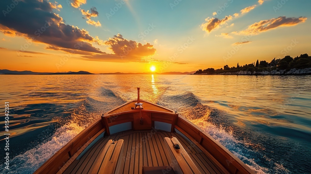Sunset journey from an open cabin boat, offering a serene view of the ...