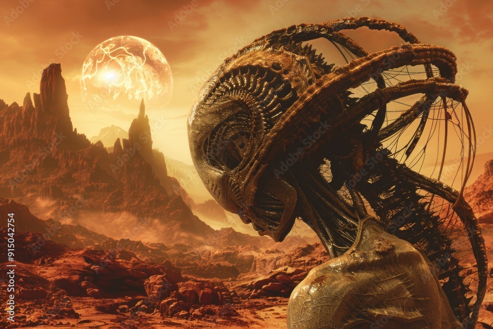 Futuristic Alien Creature on a Barren Desert Planet Under a Fiery Sky ...