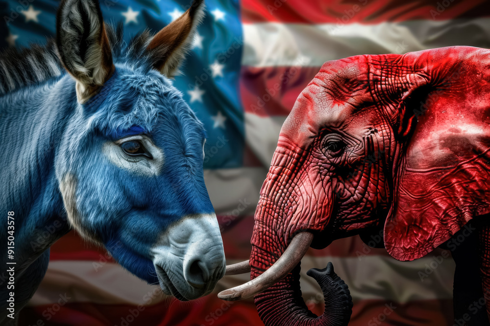 Donkey and Elephant Face Off with Patriotic Backdrop. A detailed ...