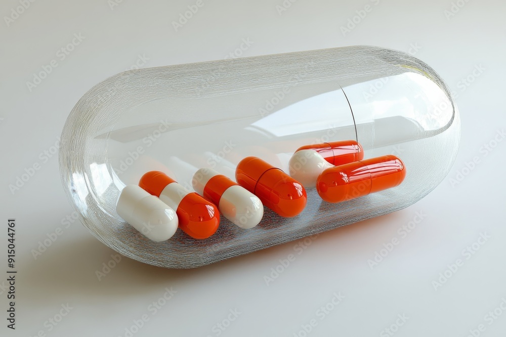 Transparent capsule filled with smaller red and white capsules set ...