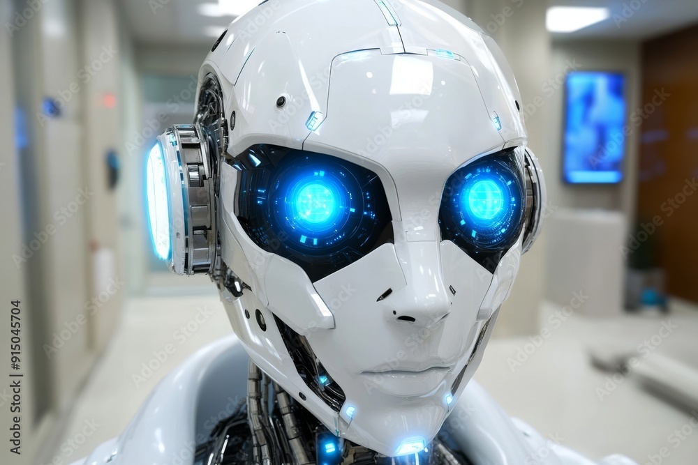 Futuristic humanoid robot with bright blue eyes set in a high tech ...