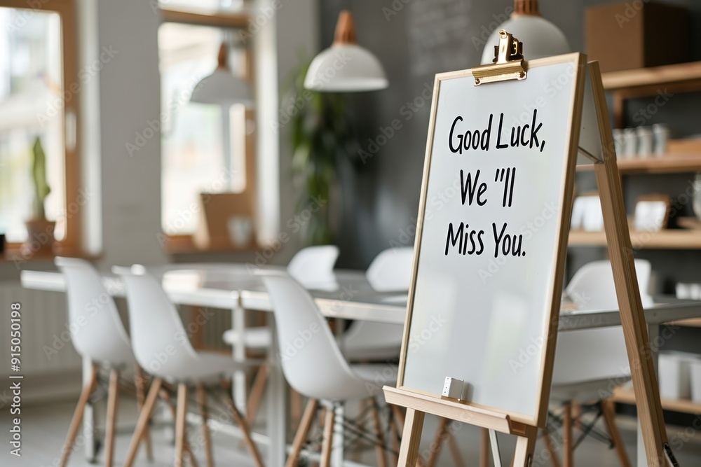 A whiteboard in an office with a message saying "Good Luck, We'll Miss ...