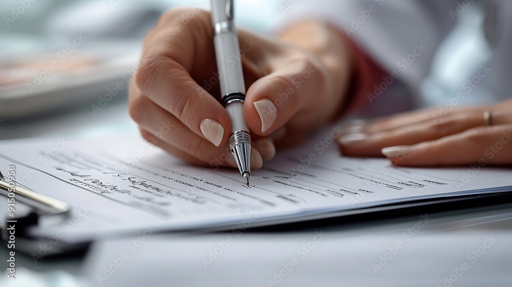 A detailed shot of a hand signing a medical consent form, luxury pen ...
