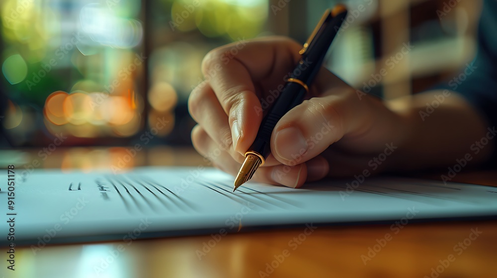 A detailed shot of a hand signing a scholarship acceptance letter ...
