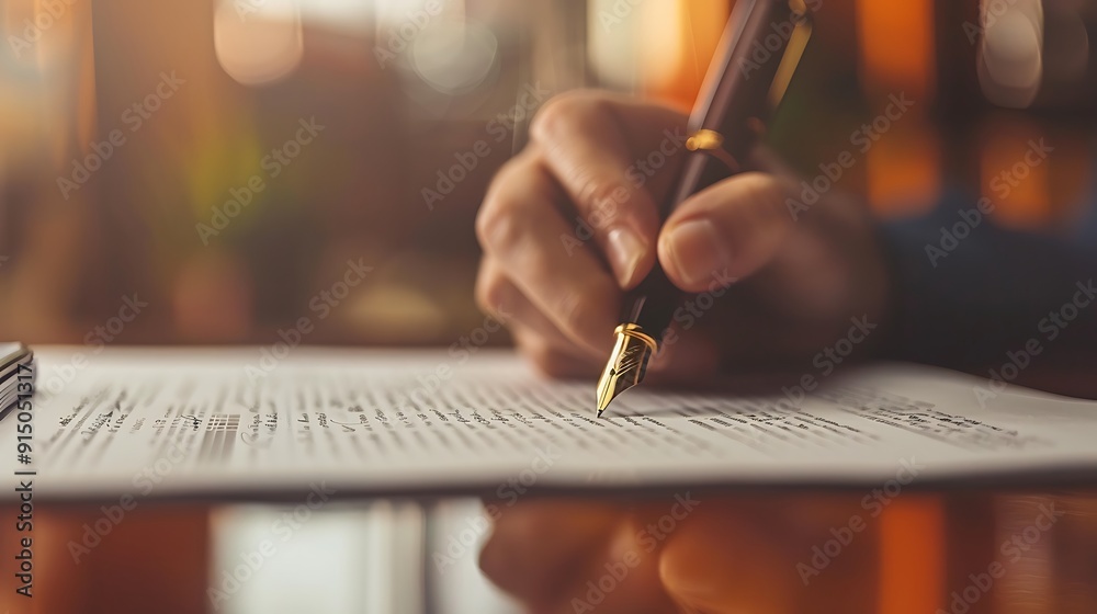 A detailed shot of a hand signing an intellectual property agreement ...
