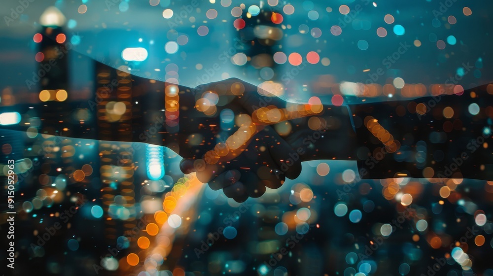 Two hands in a handshake overlayed with city lights and bokeh effects ...