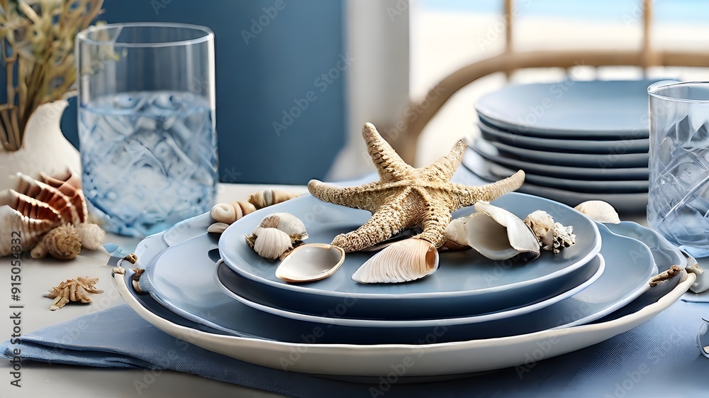 A coastal-themed dinner set with light blue and white porcelain plates ...