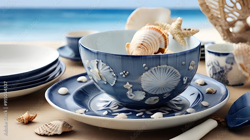 A coastal-themed dinner set with light blue and white porcelain plates ...
