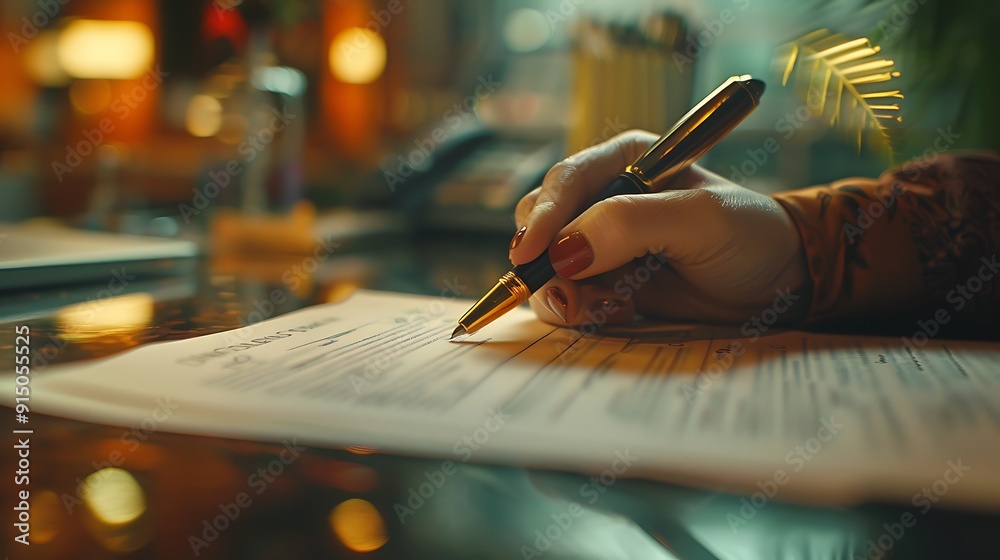 Hand signing a purchase order with a luxury pen, office background with ...
