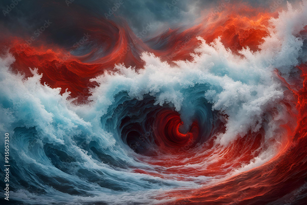 A dramatic and intense scene of fiery red and icy blue waves crashing ...