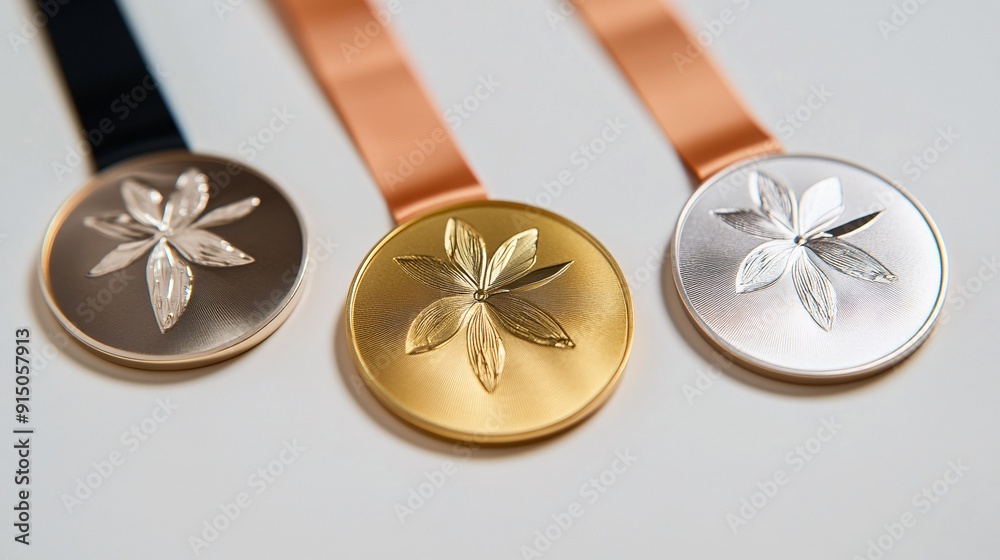 Three medals-gold, silver, and bronze-arranged in a circular layout on ...