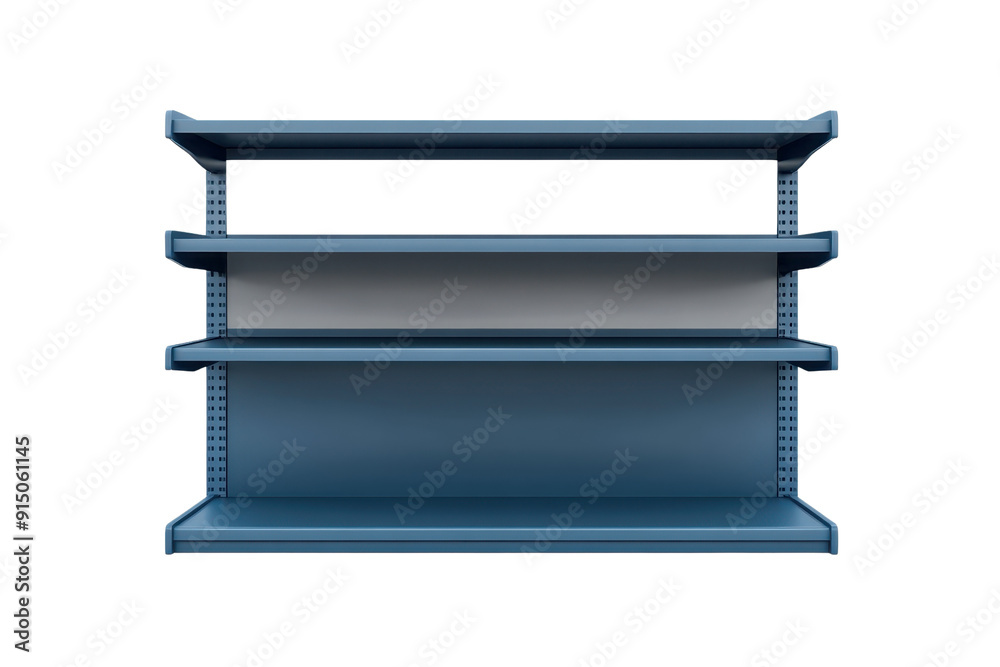 Empty blue retail shelves with three levels isolated on transparent ...