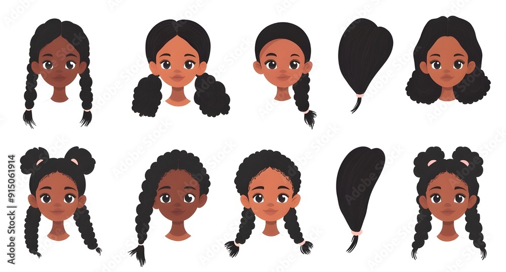 Set of young black girls with braids facing forward in simple flat one ...
