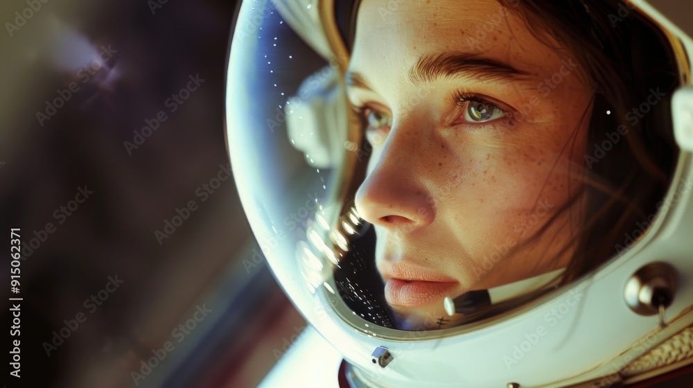 A close-up profile of an astronaut gazing intently, the reflection of ...