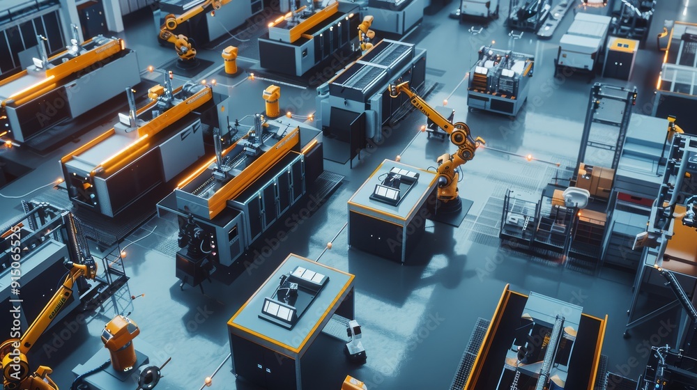 A modern factory floor bustling with advanced robotic machines ...
