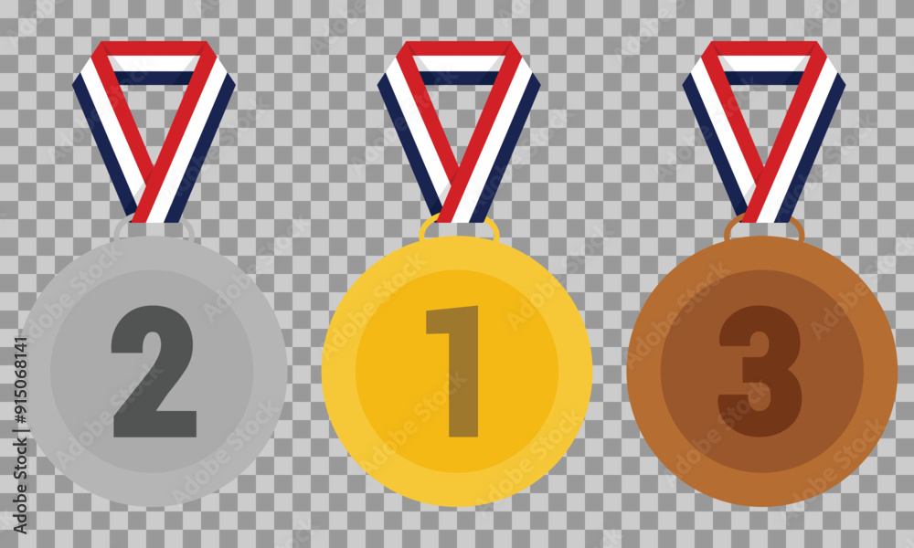 Gold medal, silver medal and bronze medal with ribbons in colors of ...