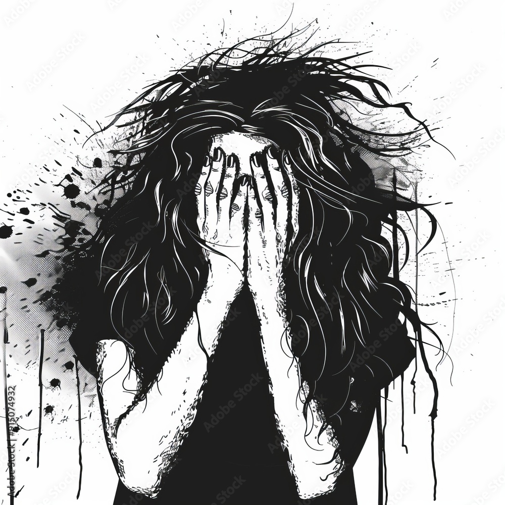 Facepalm woman drawing, disappointment guy sketch, sad covering face ...