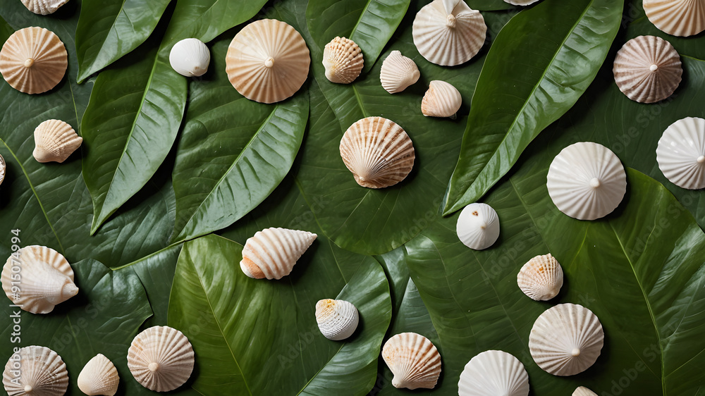 seashells on the beach Leaves and shells artfully arranged on a ...
