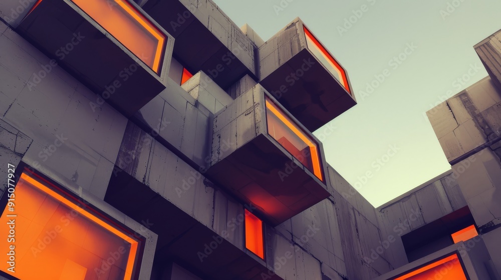 Abstract modern architecture with protruding cubic structures and neon ...