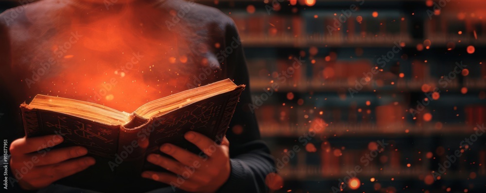 Educator reading an ancient, enchanted book in a mystical library ...