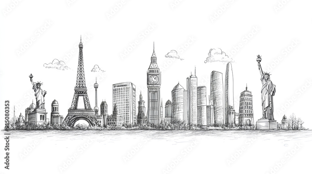 Line drawing of famous world landmarks on a white background, depicted ...