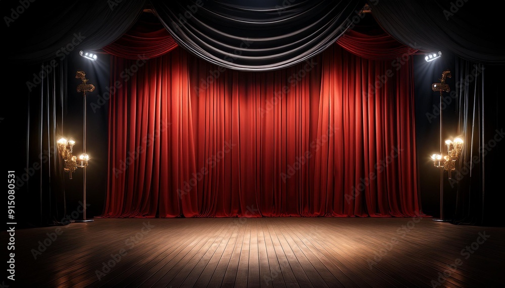 empty 3d room background template of a theater stage spotlights and red ...