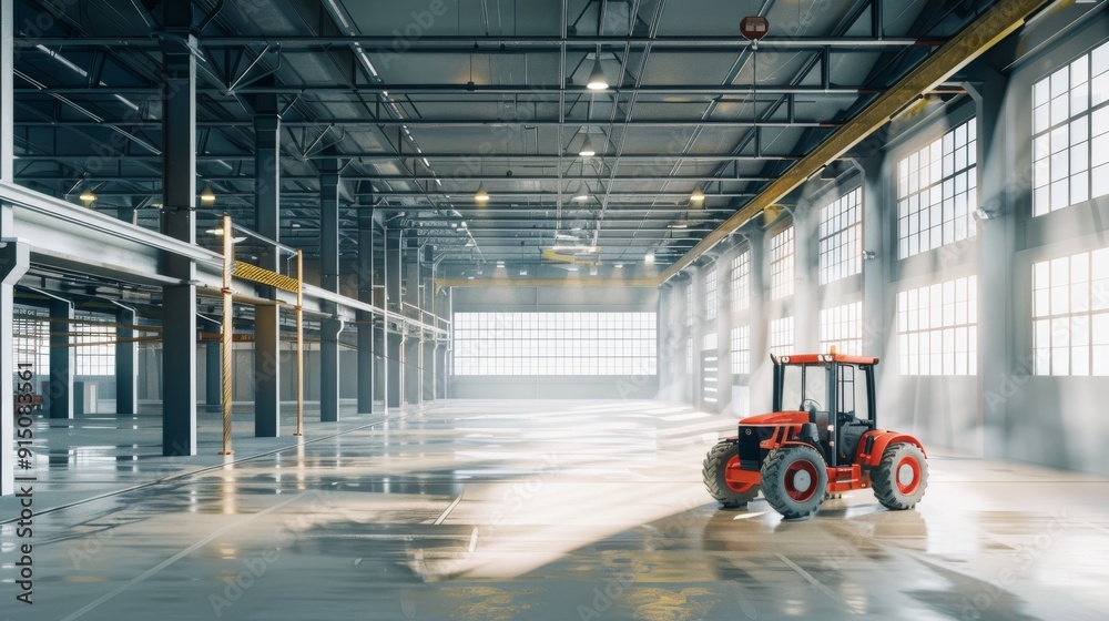 An expansive industrial warehouse interior with high ceilings, large ...