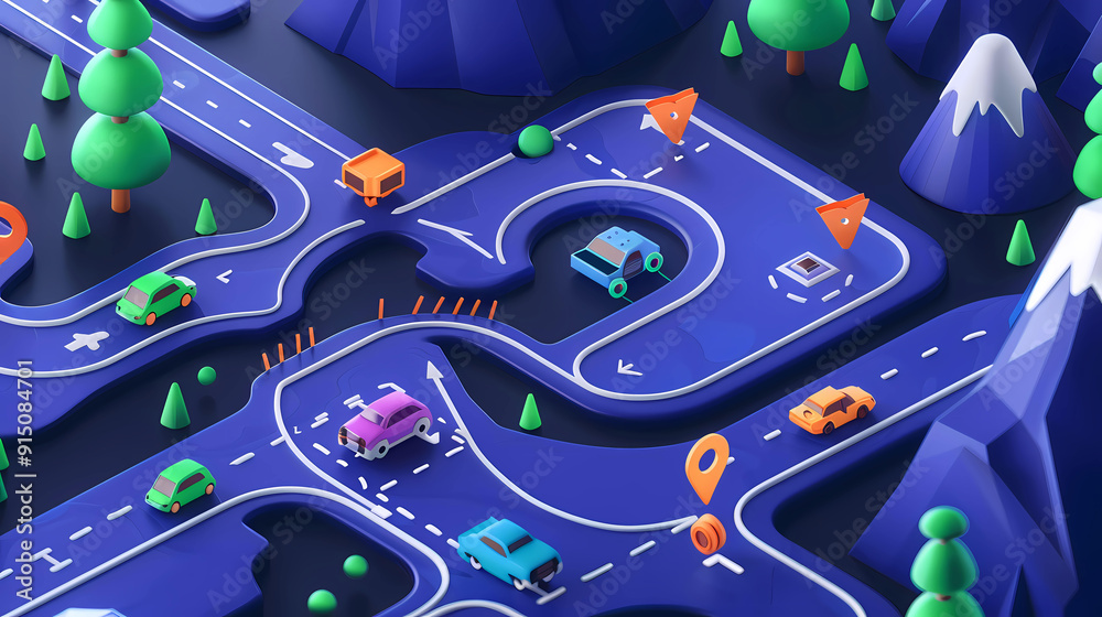 Road infographics. Winding road with 3d signs. Car the path specifies ...