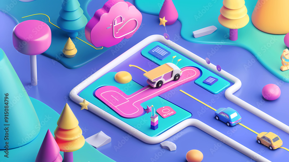 Road infographics. Winding road with 3d signs. Car the path specifies ...