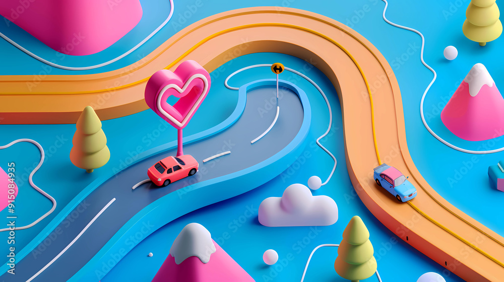 Road infographics. Winding road with 3d signs. Car the path specifies ...