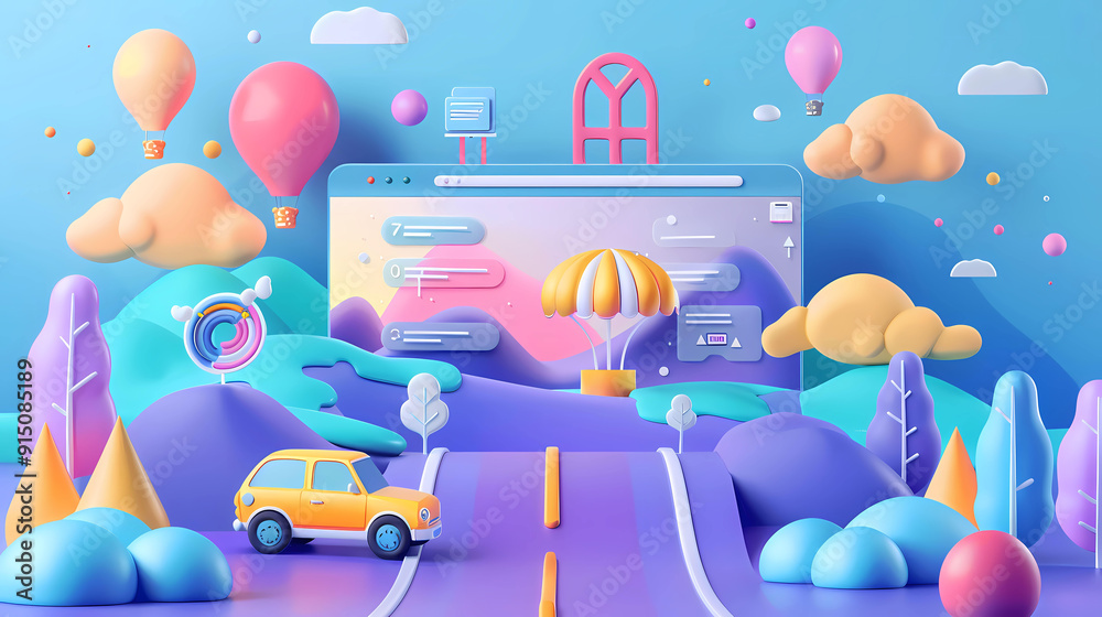 Road infographics. Winding road with 3d signs. Car the path specifies ...